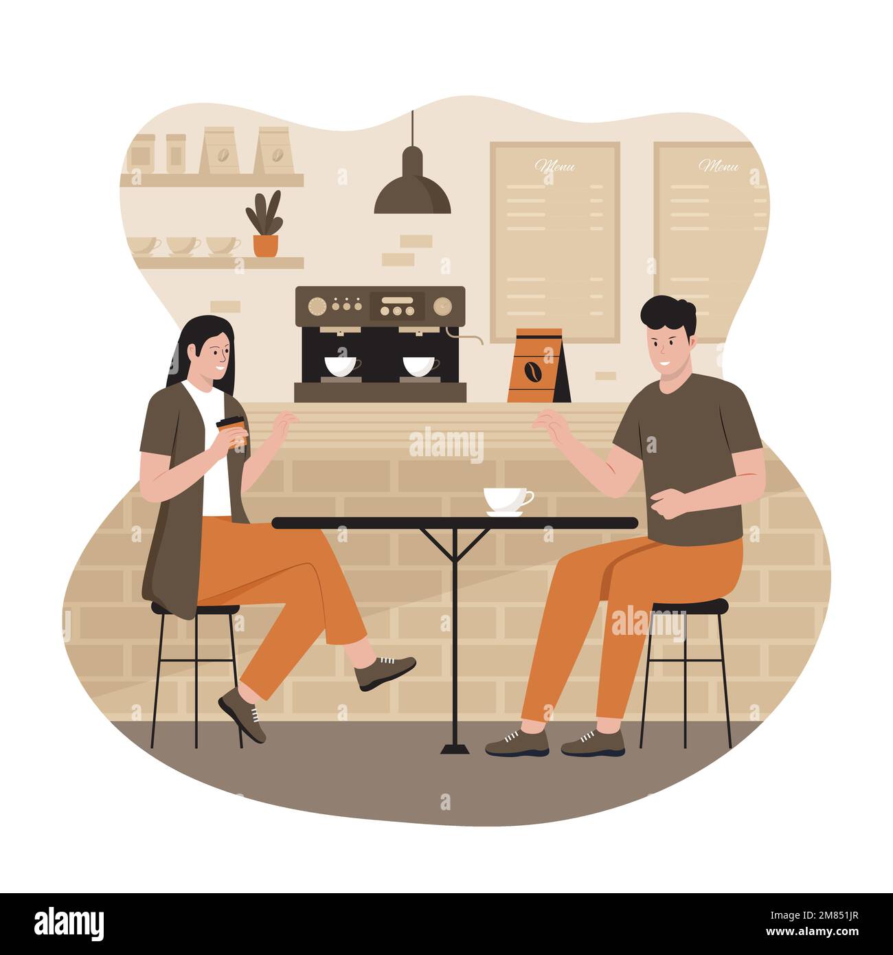 Vector illustration of man and woman talking in coffee shop ...
