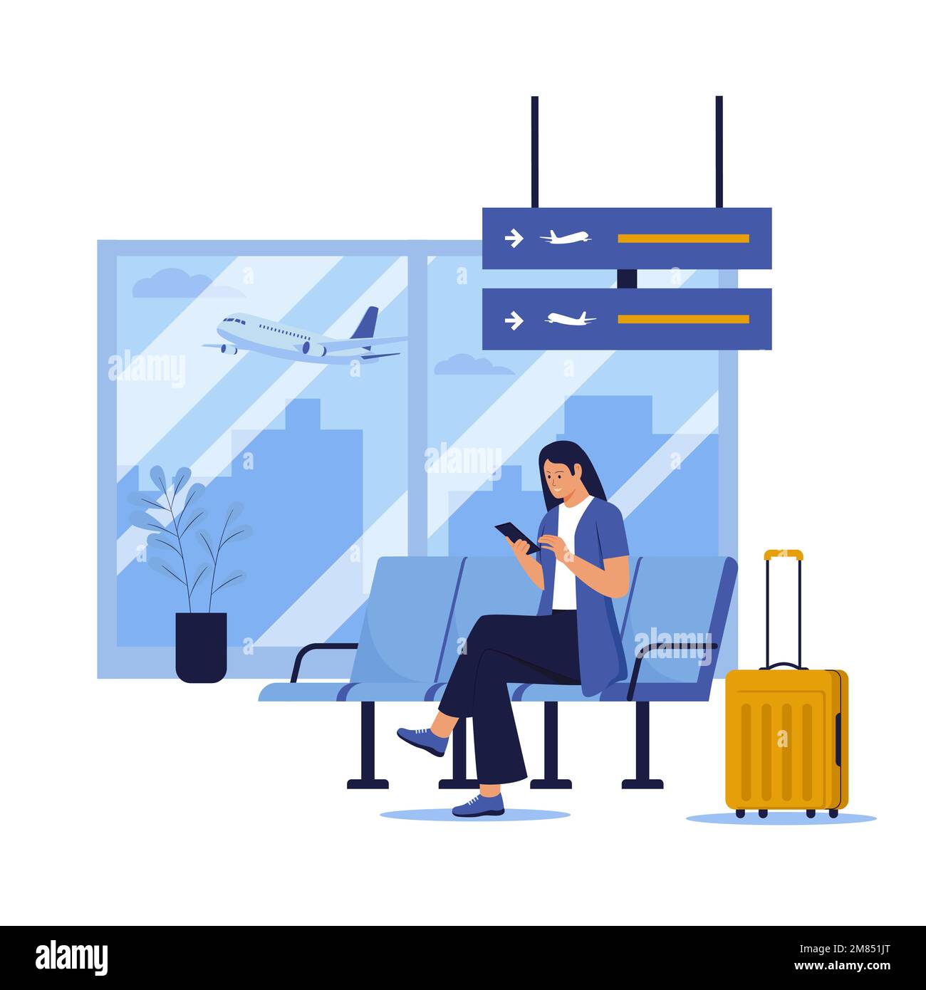 Passengers Sitting In Airport Terminal Waiting For Flight Illustration For Website Landing