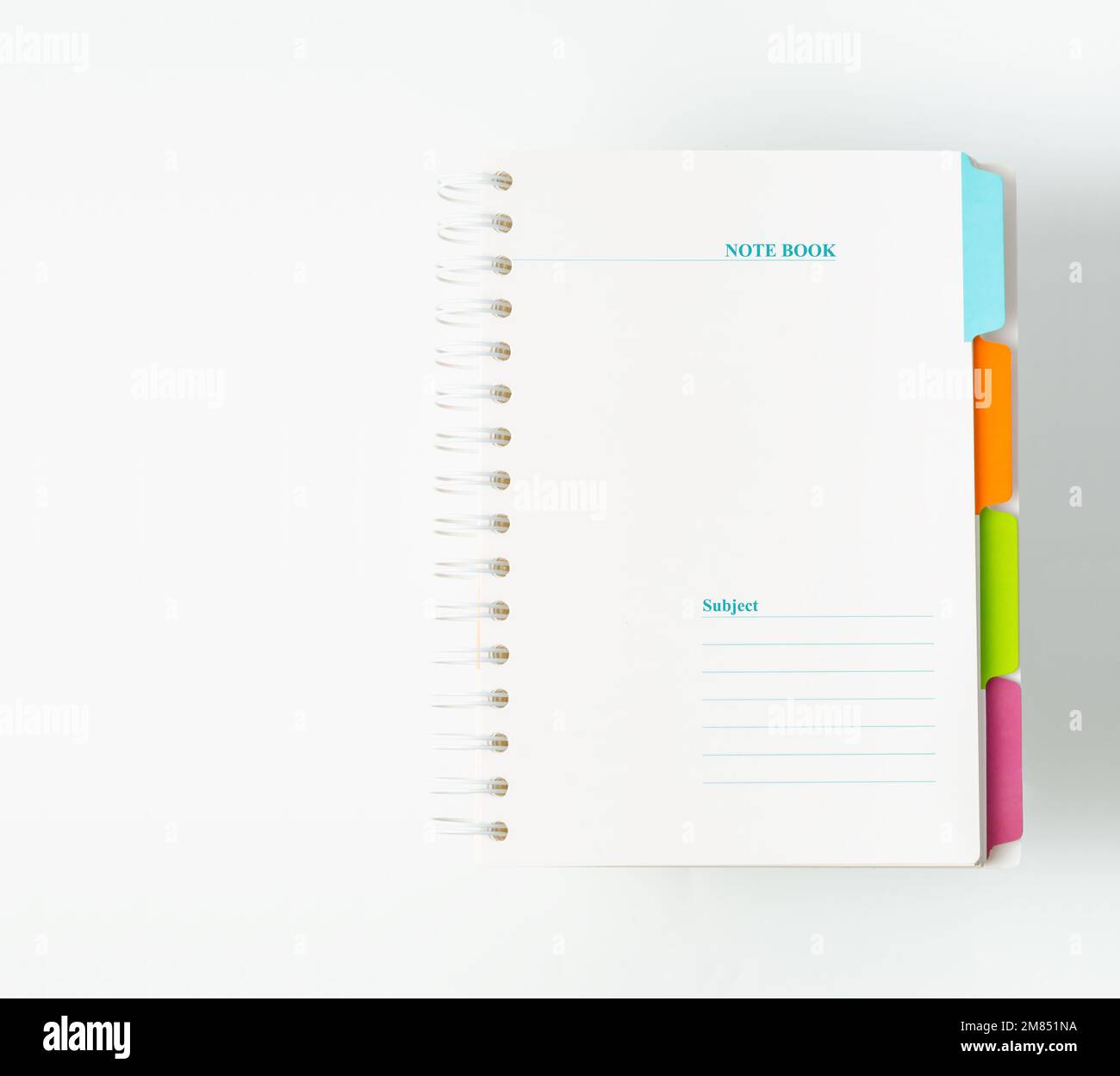 White notebooks with colourful index on white background, stationery ...