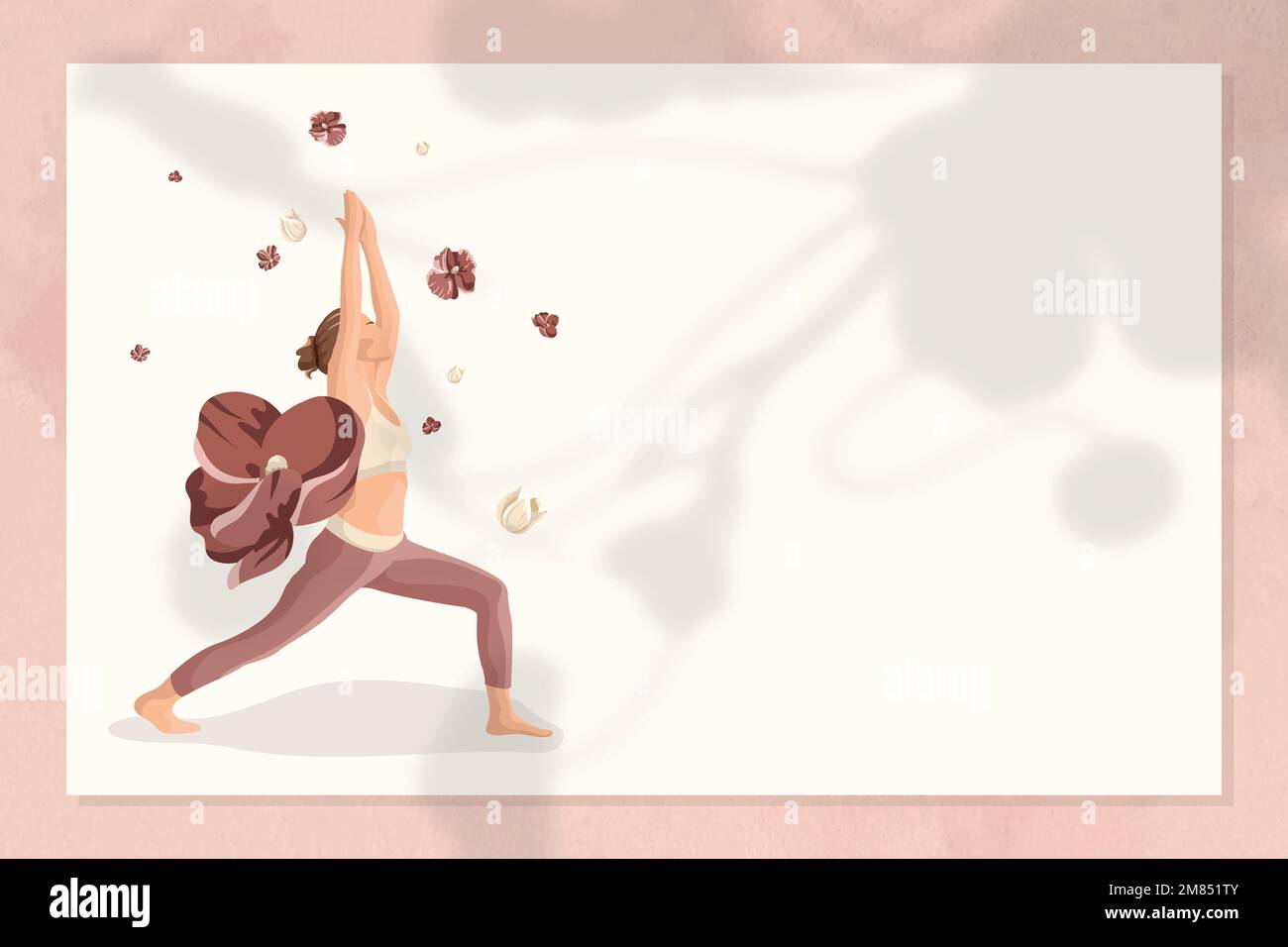 Floral yoga pose frame vector with woman practicing warrior 1 pose ...
