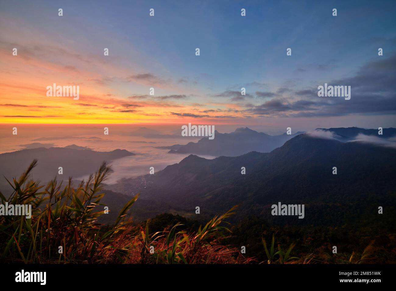 Dramatic sky with fog in early morning over the mountain at Phu Chee ...