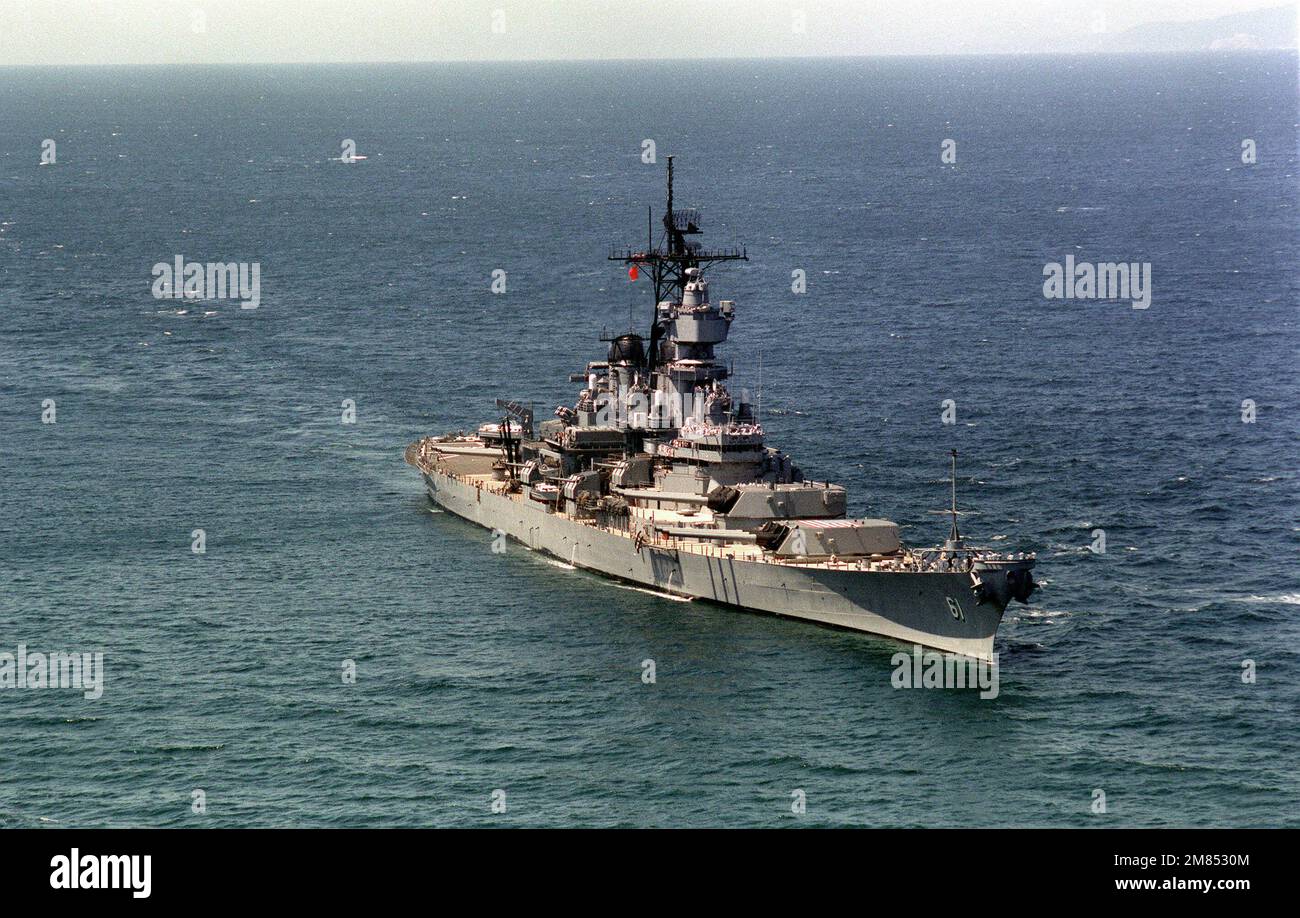 A starboard bow view of the battleship USS IOWA (BB-61) underway ...