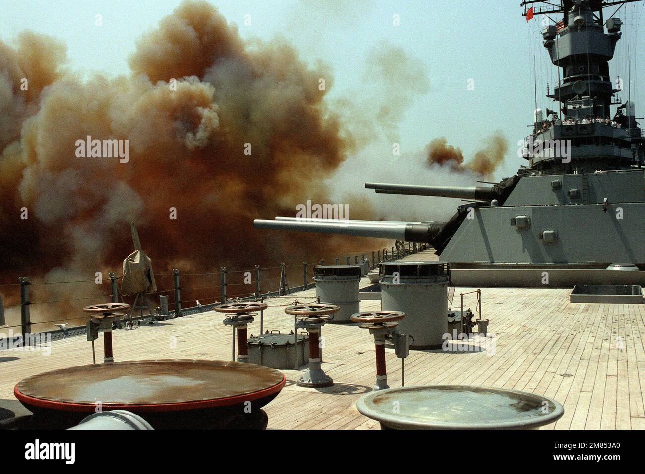 The Three Mark 7 16 Inch50 Caliber Gun Turrets Of The Battleship Uss Iowa Bb 61 Are Fired