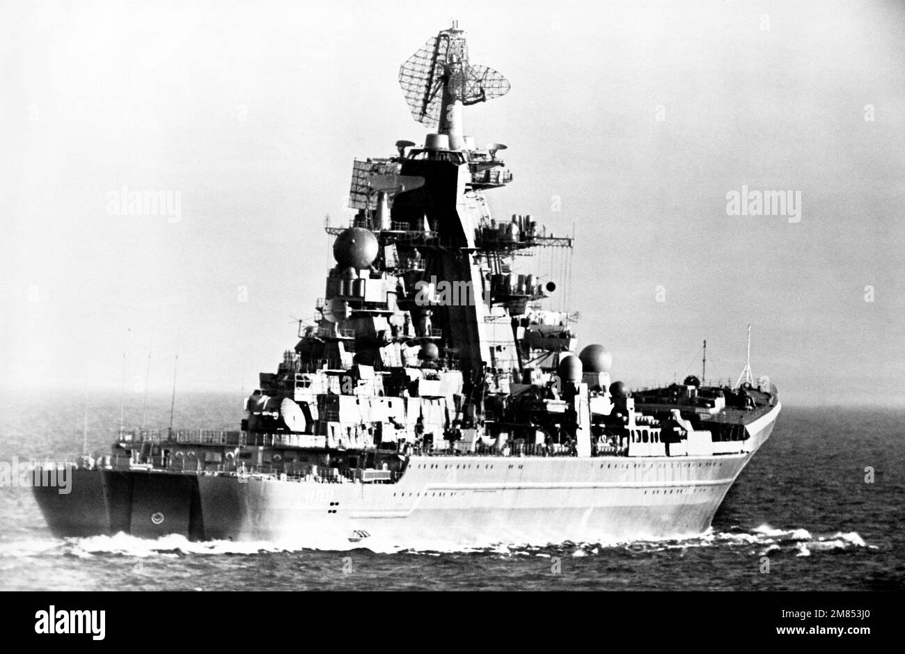Starboard quarter view of the Soviet Kirov class nuclear-powered guided ...