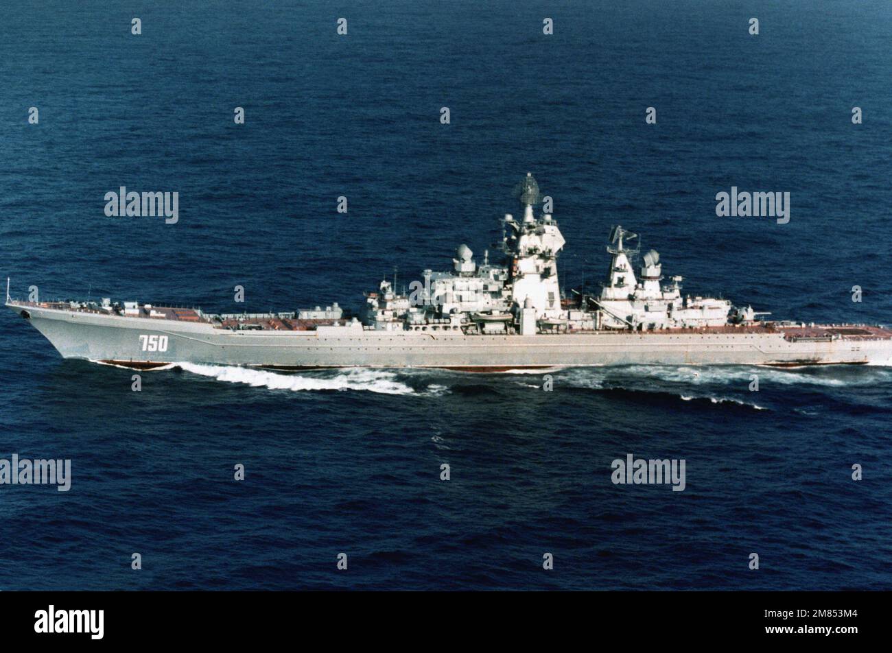 Port beam view of the Soviet Kirov class nuclear-powered guided missile ...
