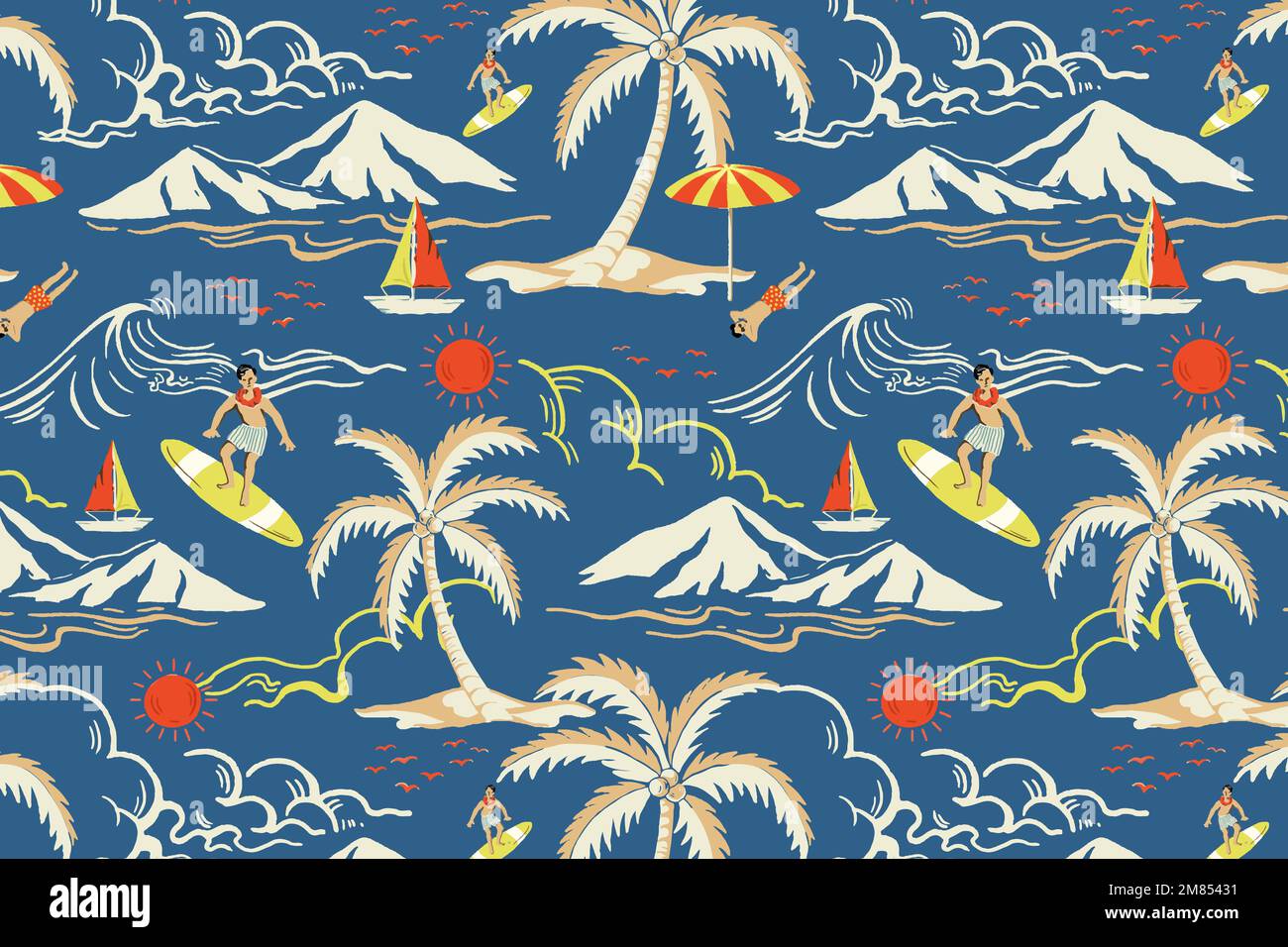 Blue tropical island pattern vector with tourist cartoon illustration ...