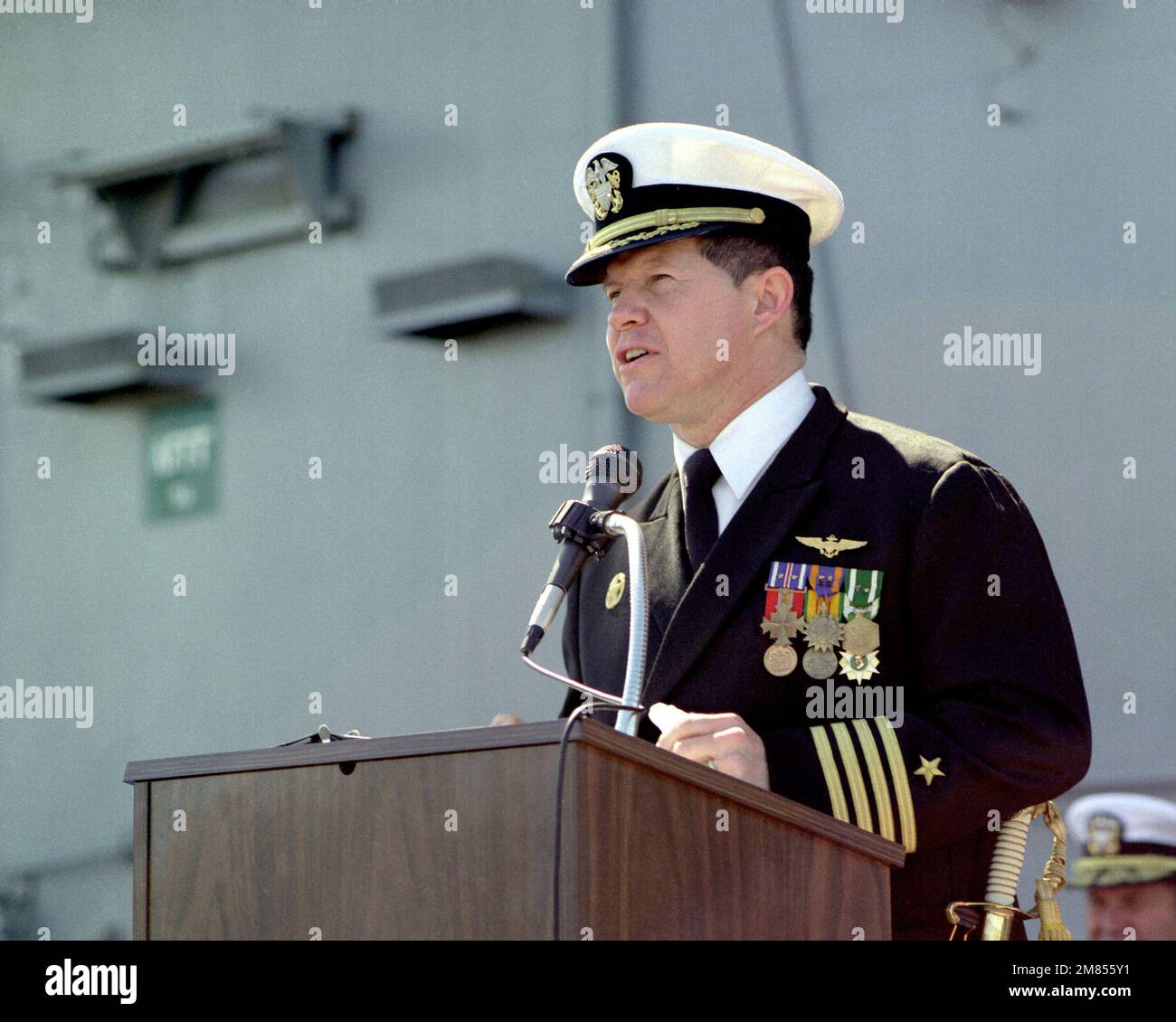 CAPT. Thomas A. Mercer speaks during the change of command ceremony ...