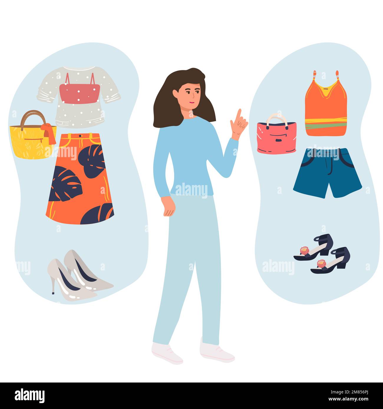 Smiling woman choosing what clothes for wearing vector flat ...