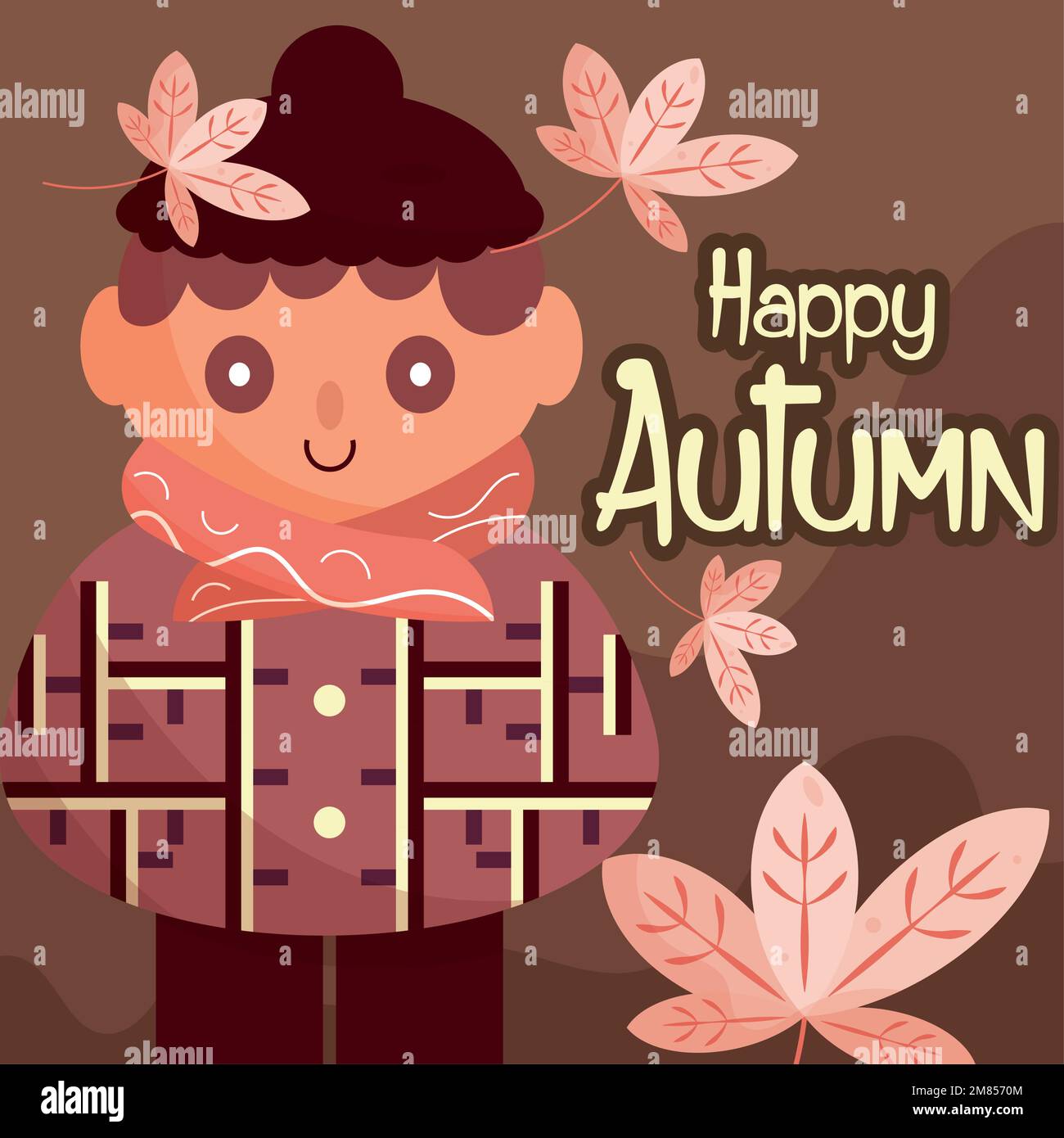 Colored happy autumn concept poster Male character with winter clothes ...