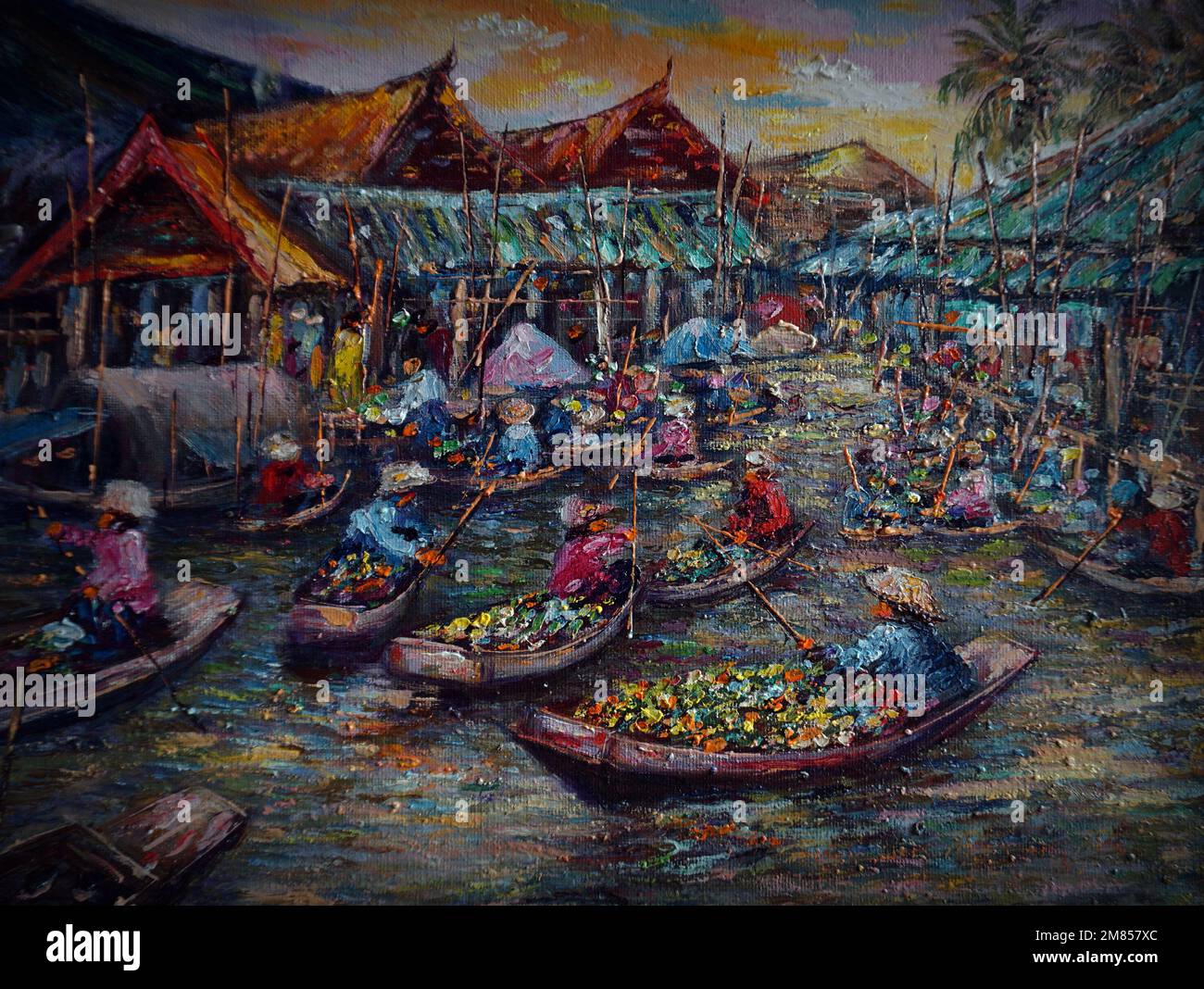 art painting Oil color Floating market Thailand , countryside Stock ...