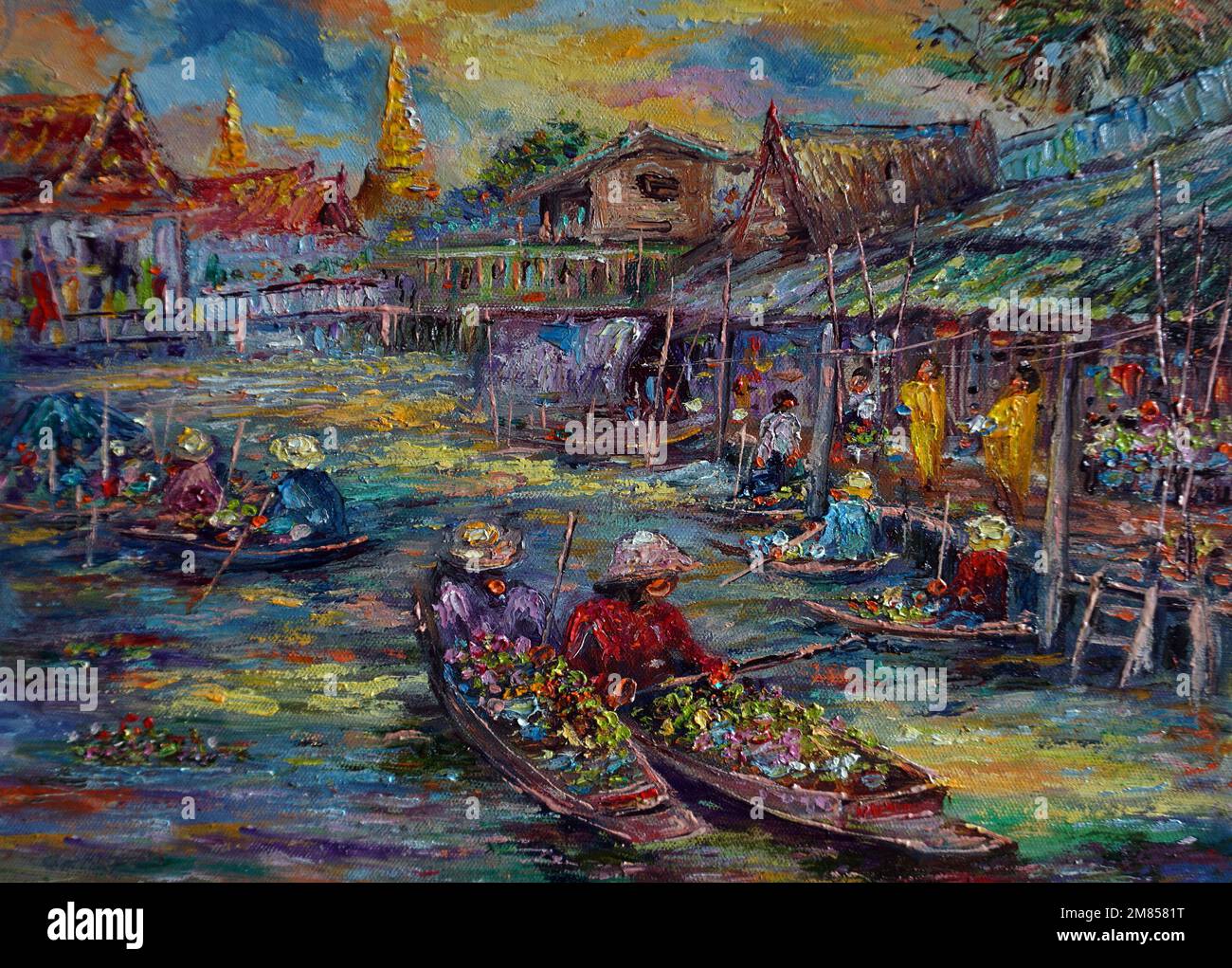 art painting Oil color Floating market Thailand , countryside Stock ...