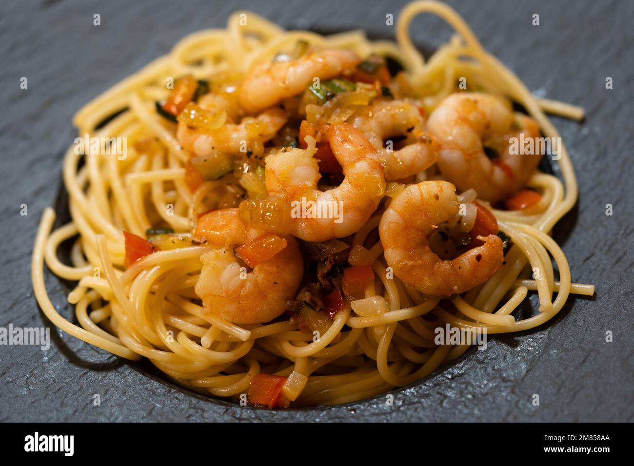 Spaghetti alla busara pasta with shrimps an Italien specialty Stock ...