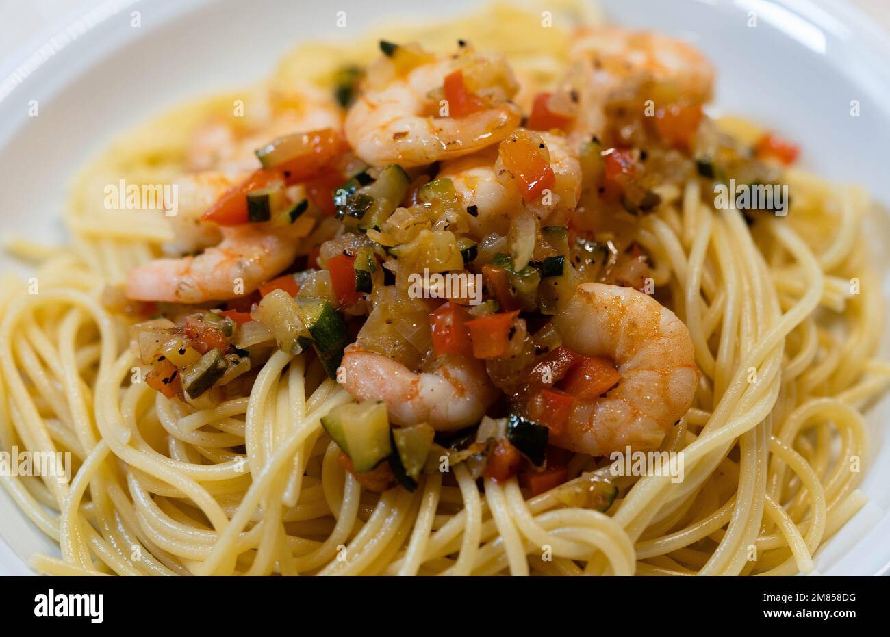 Spaghetti alla busara pasta with shrimps an Italien specialty Stock ...