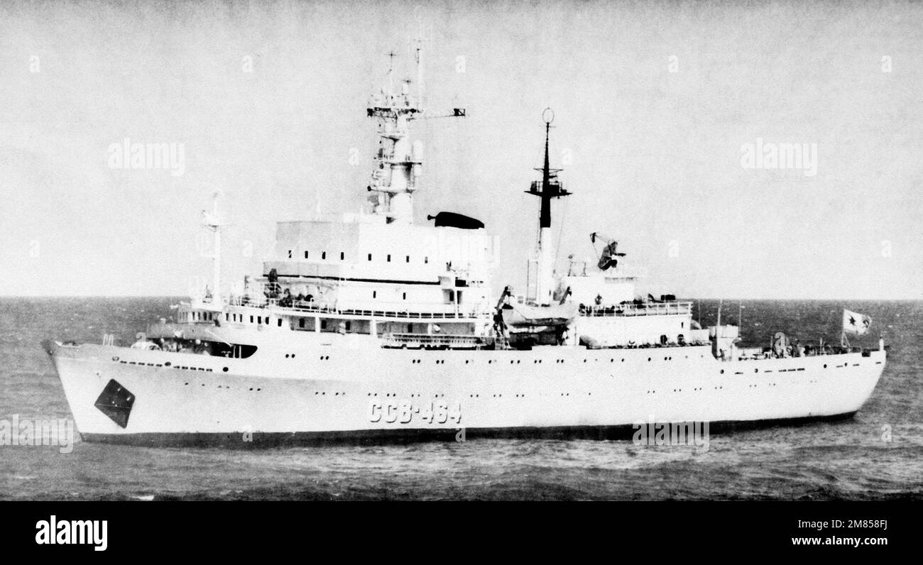 A port bow view of a Soviet Primorye class intelligence gathering ship ...