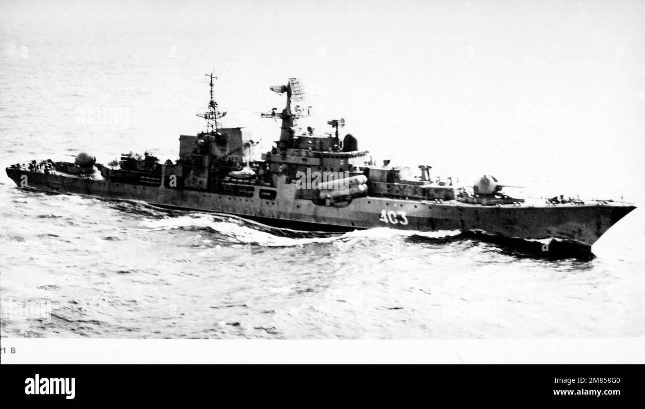 An elevated starboard bow view of a Soviet Sovremennyy class guided ...