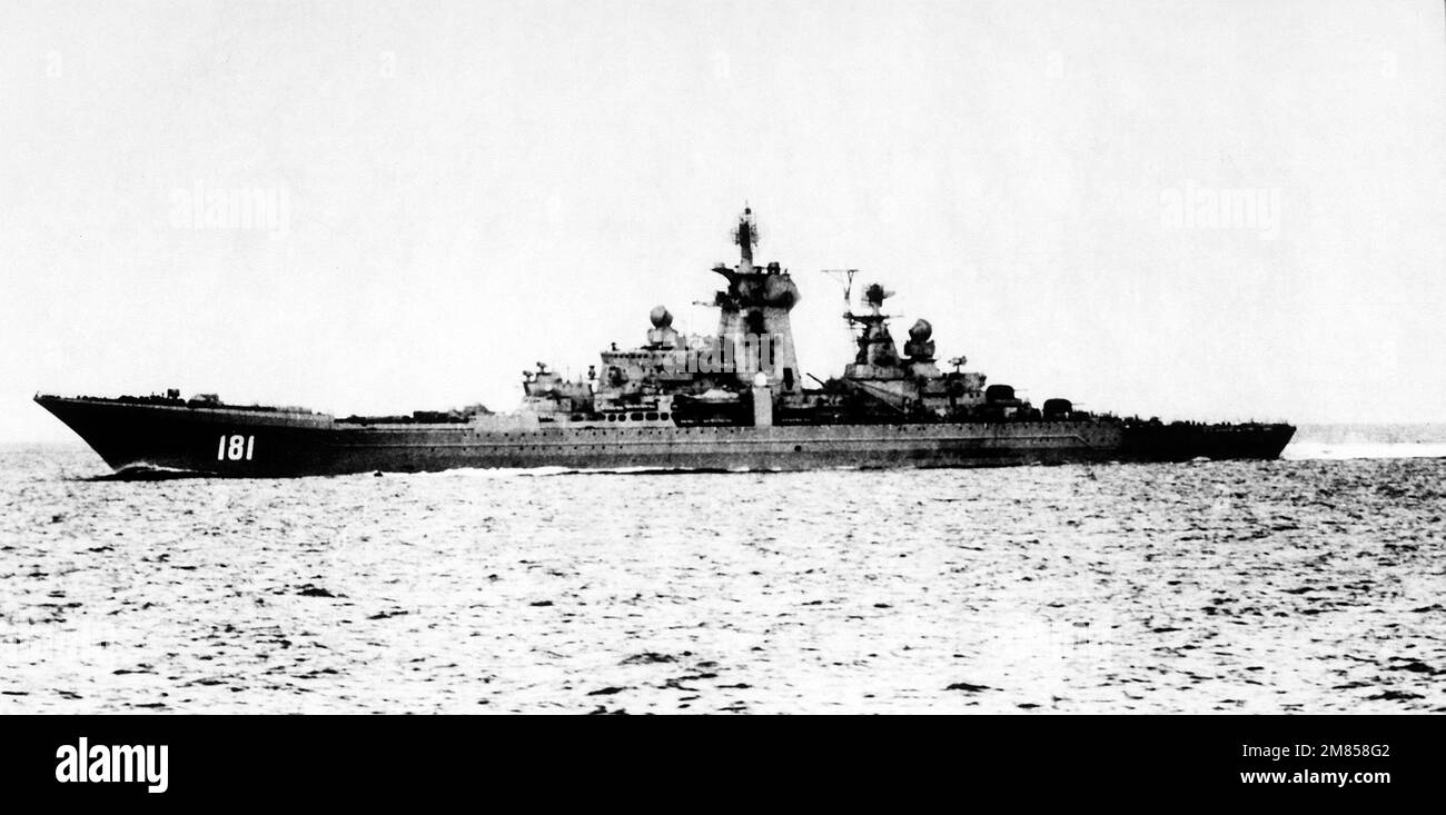 A port bow view of a Soviet Kirov class nuclear-powered guided missile ...