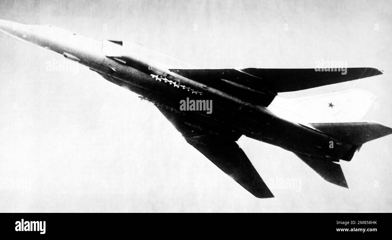 A left underside view of a Soviet Tu-22 Backfire aircraft in flight ...
