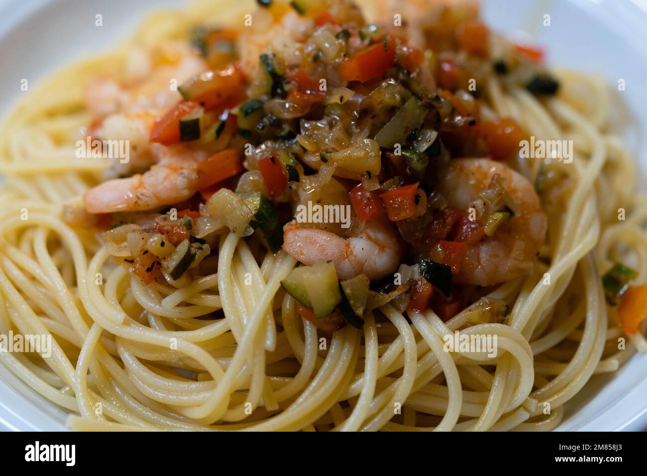 Spaghetti alla busara pasta with shrimps an Italien specialty Stock ...