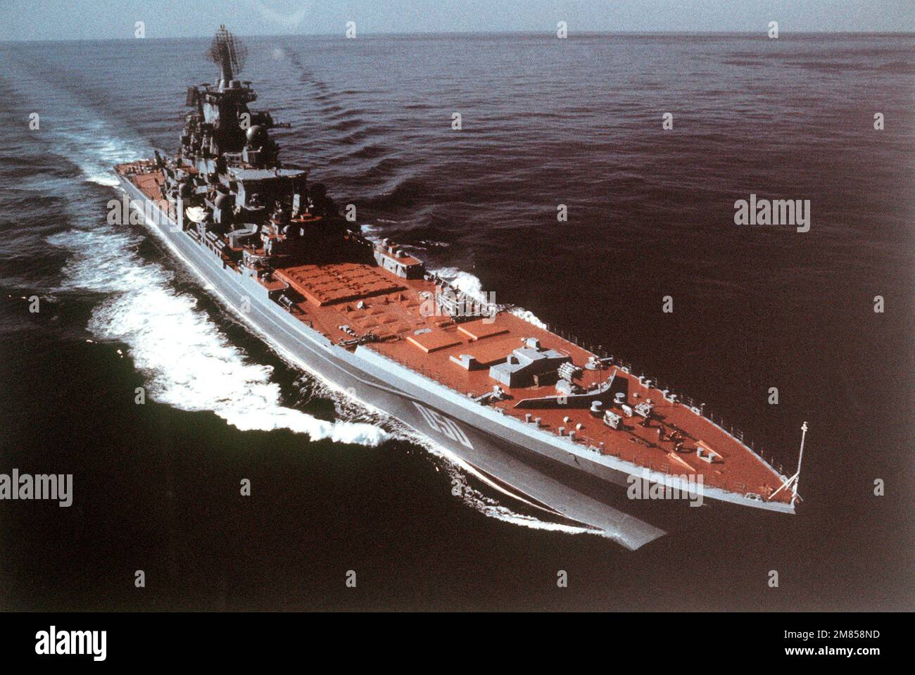 A starboard bow view of the Soviet Kirov Class nuclear-powered guided ...