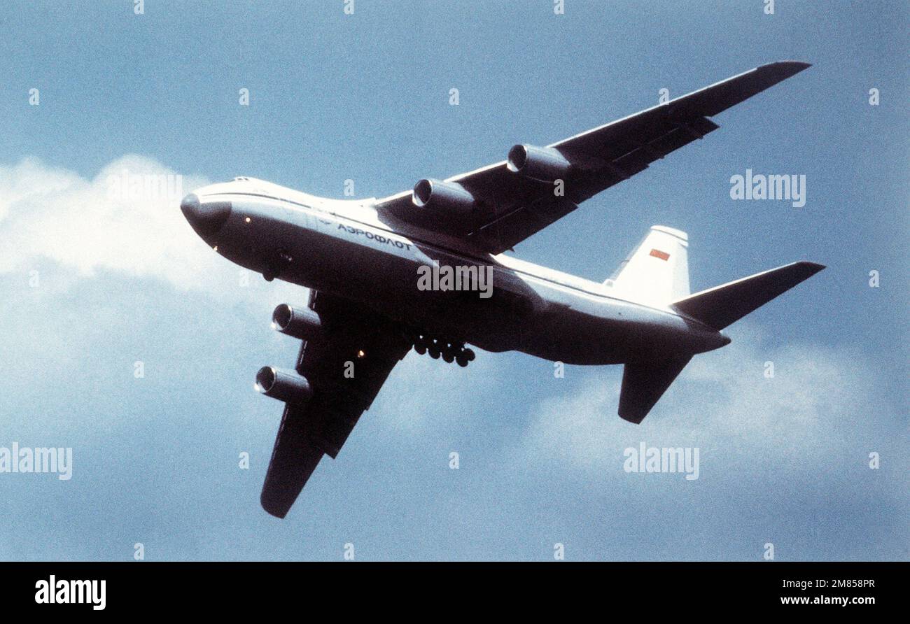 A left underside view of a Soviet An-124 Condor cargo aircraft in ...