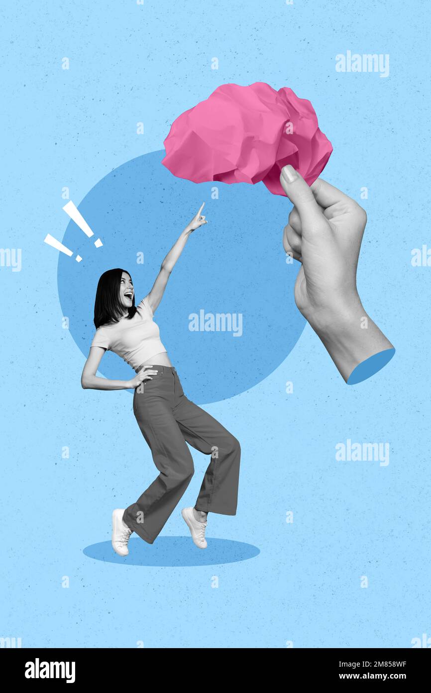 3d retro abstract creative collage artwork template of excited lady ...