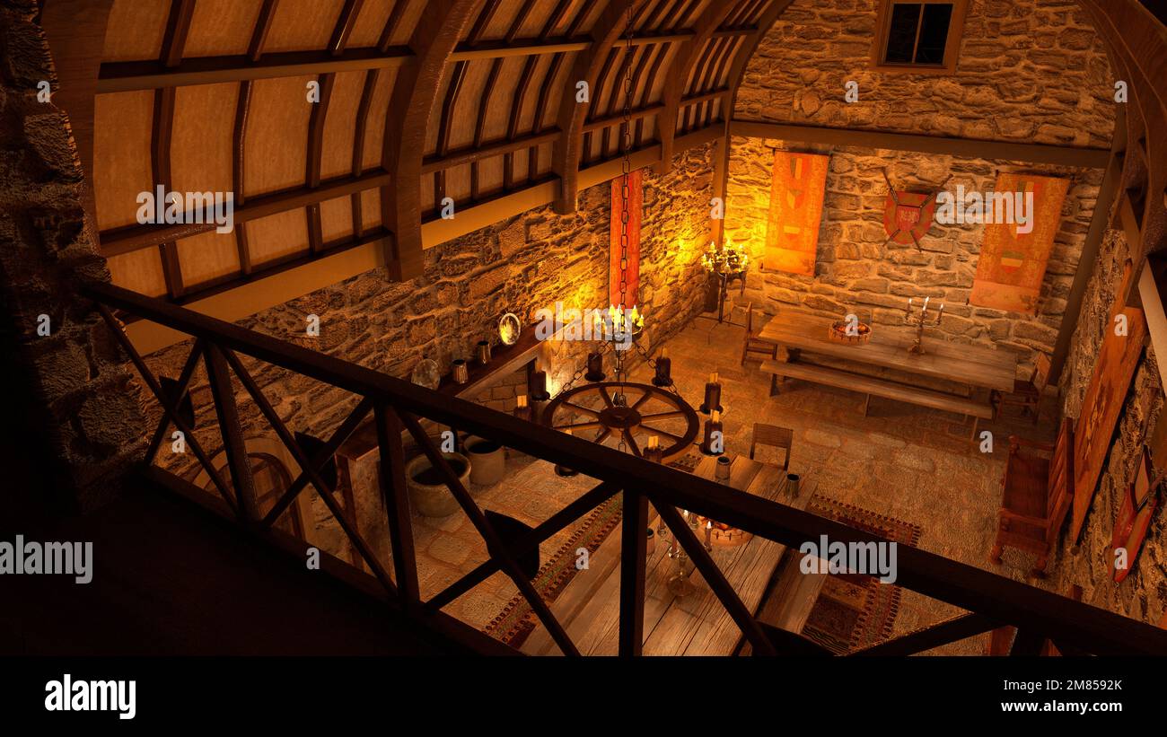 3D rendering of a medieval dining hall interior Stock Photo - Alamy
