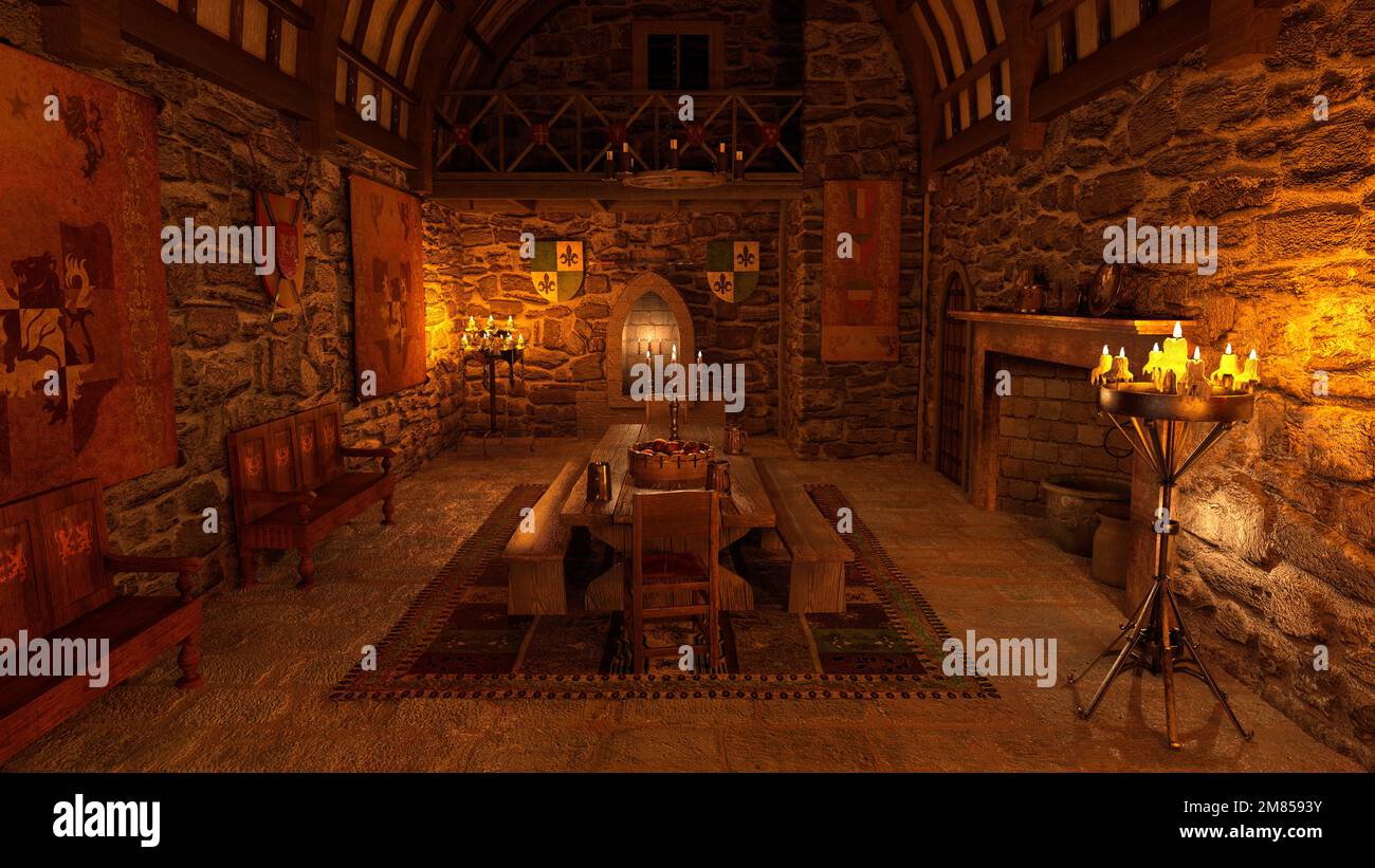 3D rendering of a medieval dining hall interior Stock Photo - Alamy