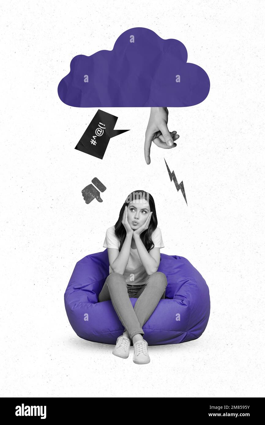 Creative 3d photo collage artwork graphics painting of unhappy lady sitting beanbag getting ...