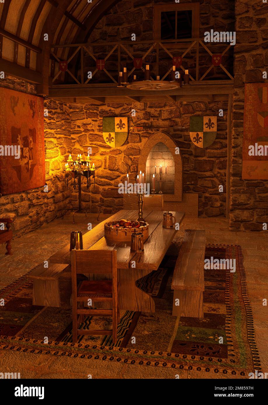 3D rendering of a medieval dining hall interior Stock Photo - Alamy