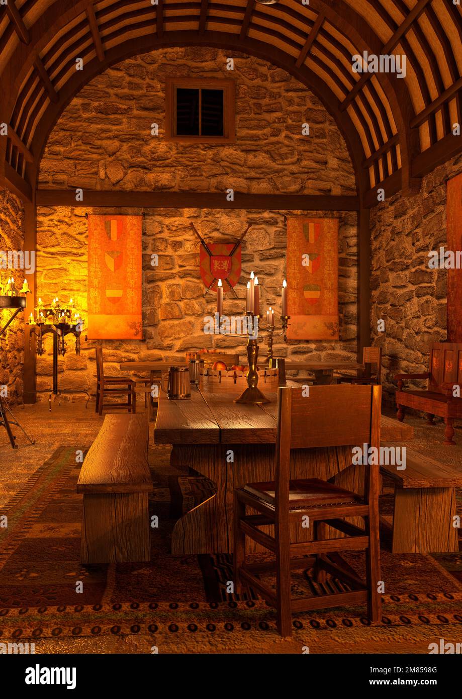 3D rendering of a medieval dining hall interior Stock Photo - Alamy