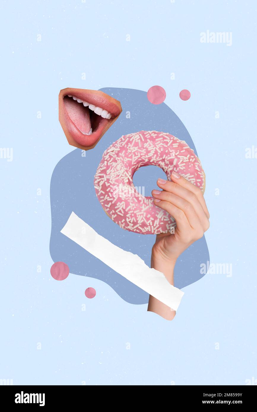 Vertical collage picture of toothy smile human mouth bite arm hold big ...