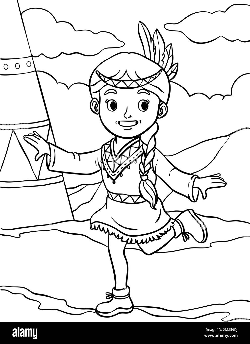 A cute and funny coloring page of a Native American Indian Girl Dancing ...