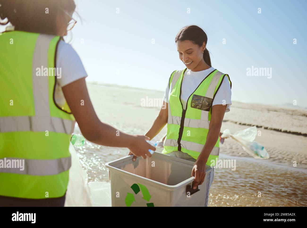 Garbage recycle, beach and eco friendly team and action for ocean waste ...
