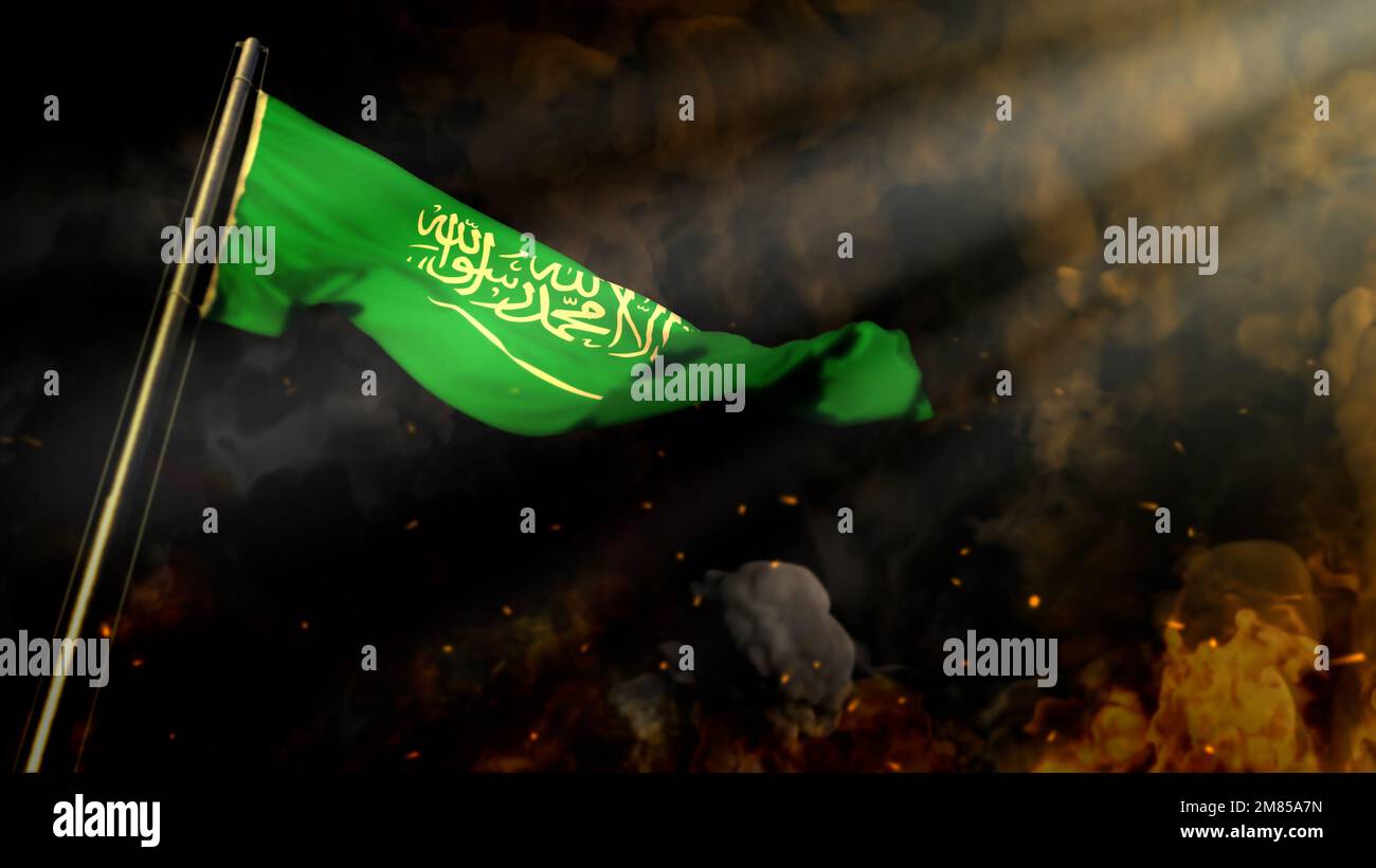 defocused Saudi Arabia flag on smoke with sun beams backdrop - disaster ...