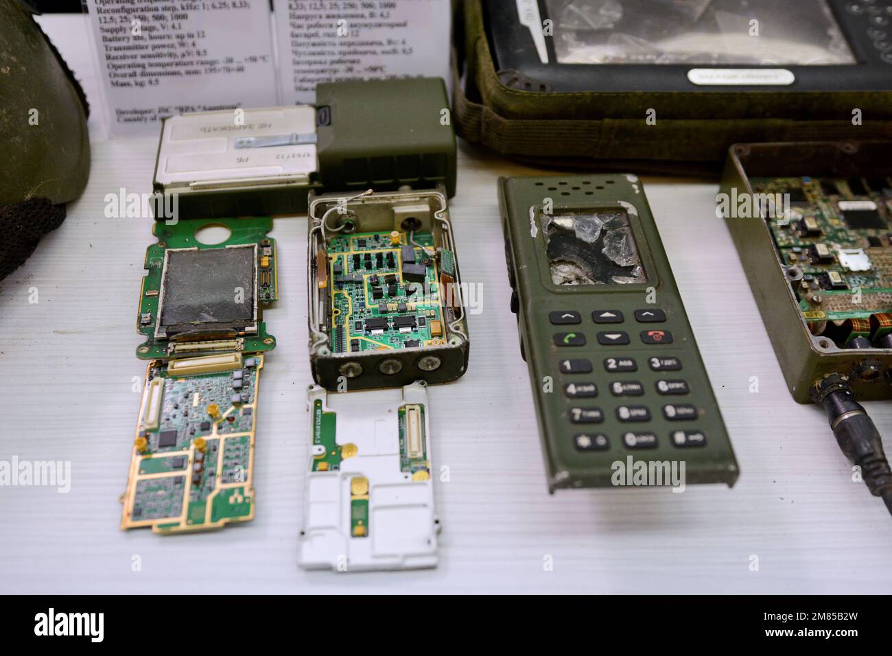 A close-up of the circuit diagram of a Russian military radio device ...