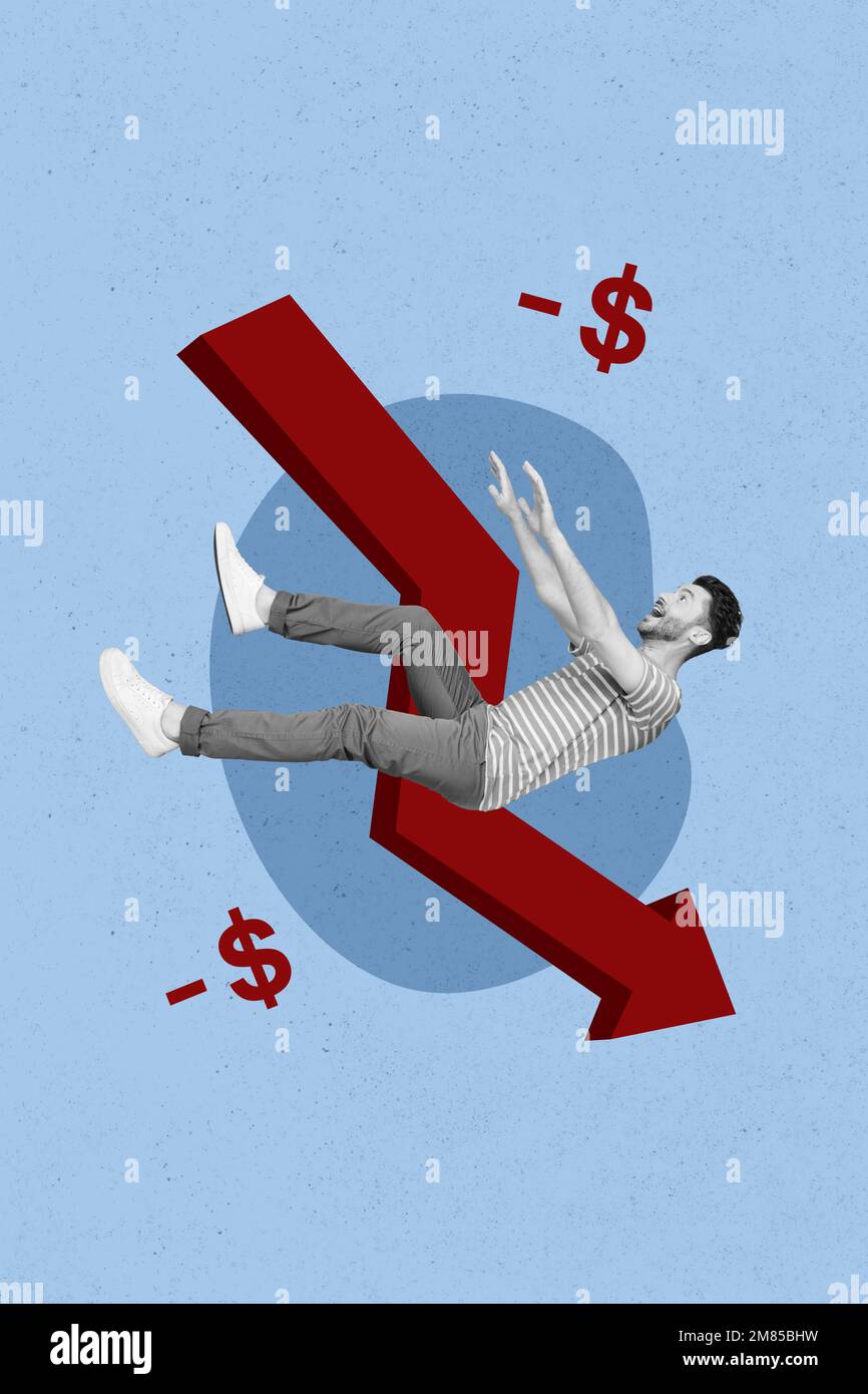 Collage photo of young trader guy stay big red arrow decreasing minus ...