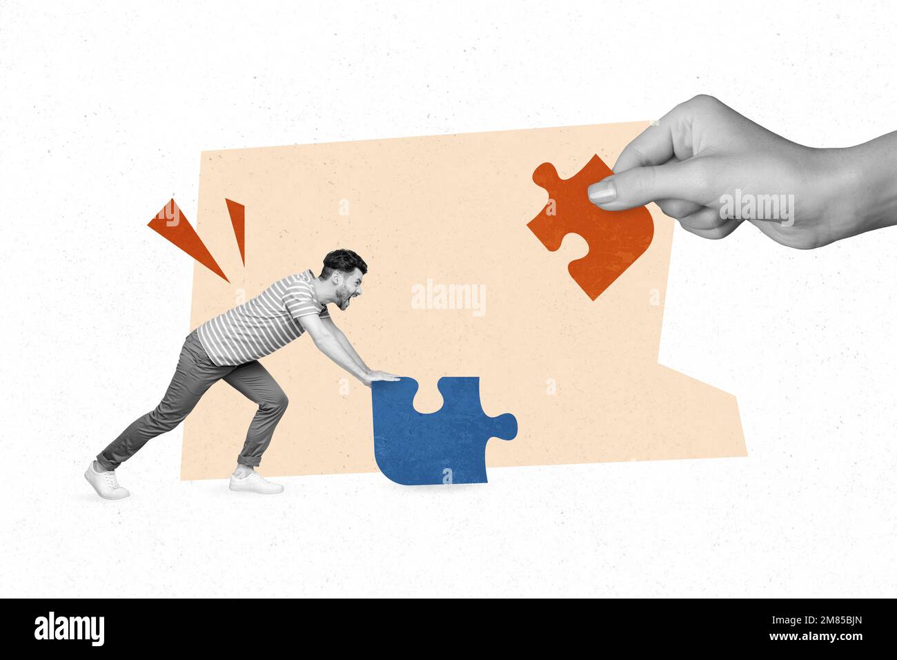 Collage photo of funny active hard pushing guy puzzle decision solve ...