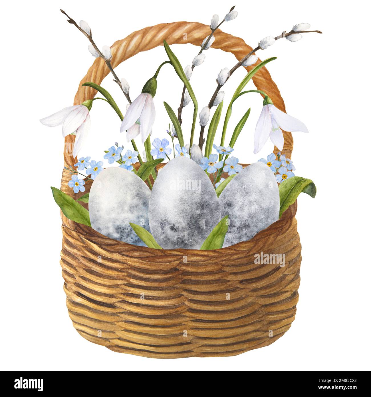 Watercolor Easter illustration of a bouquet of snowdrops, willow ...
