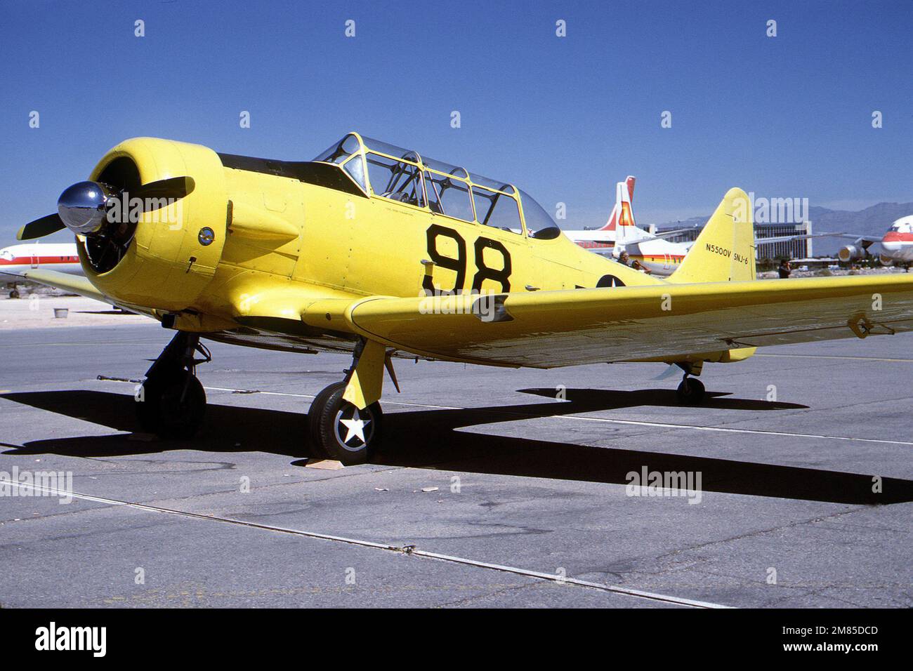 Three quarter front view of a North American built SNJ "Texan" aircraft ...