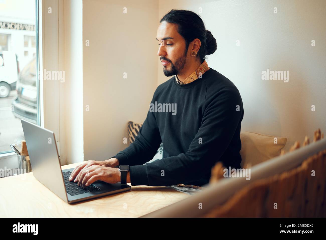 Startup employee, coffee shop or man with laptop for communication, web ...