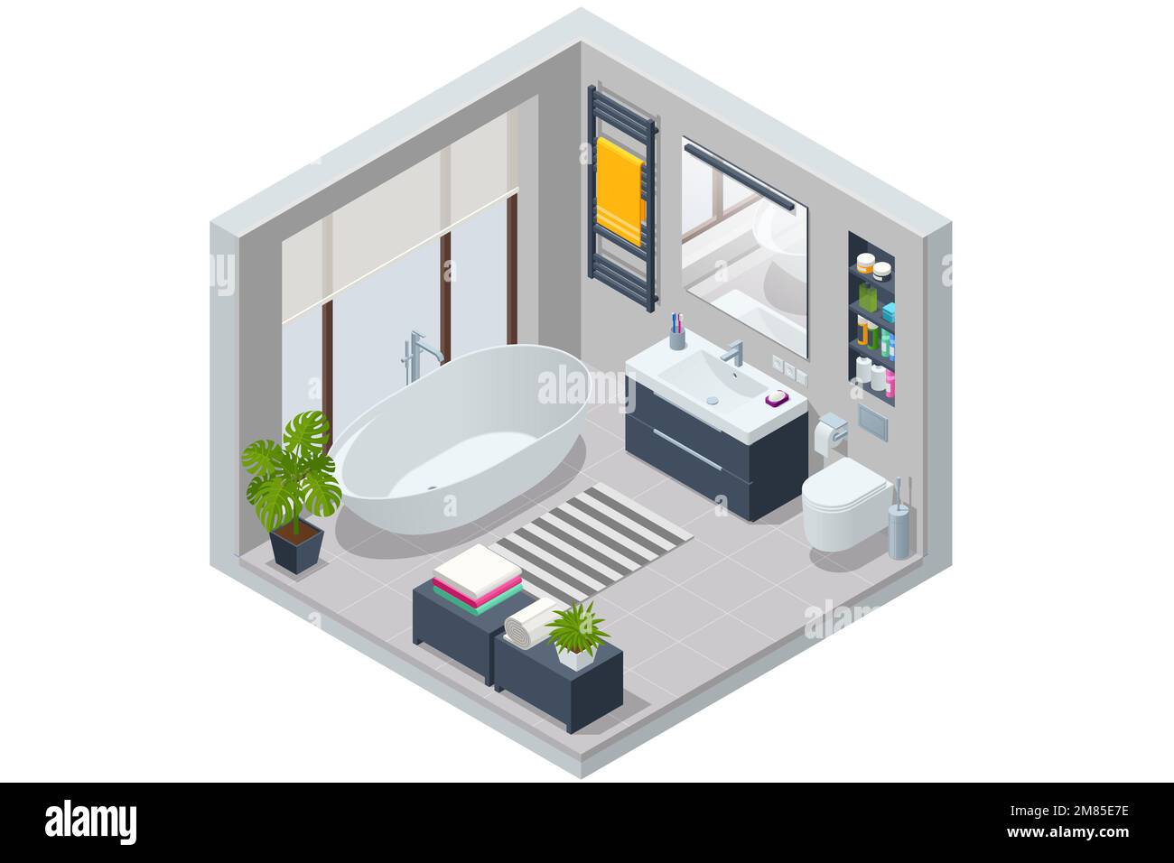Isometric Modern bathroom interior with white toilet, mirror, sink and bathtub Stock Vector ...