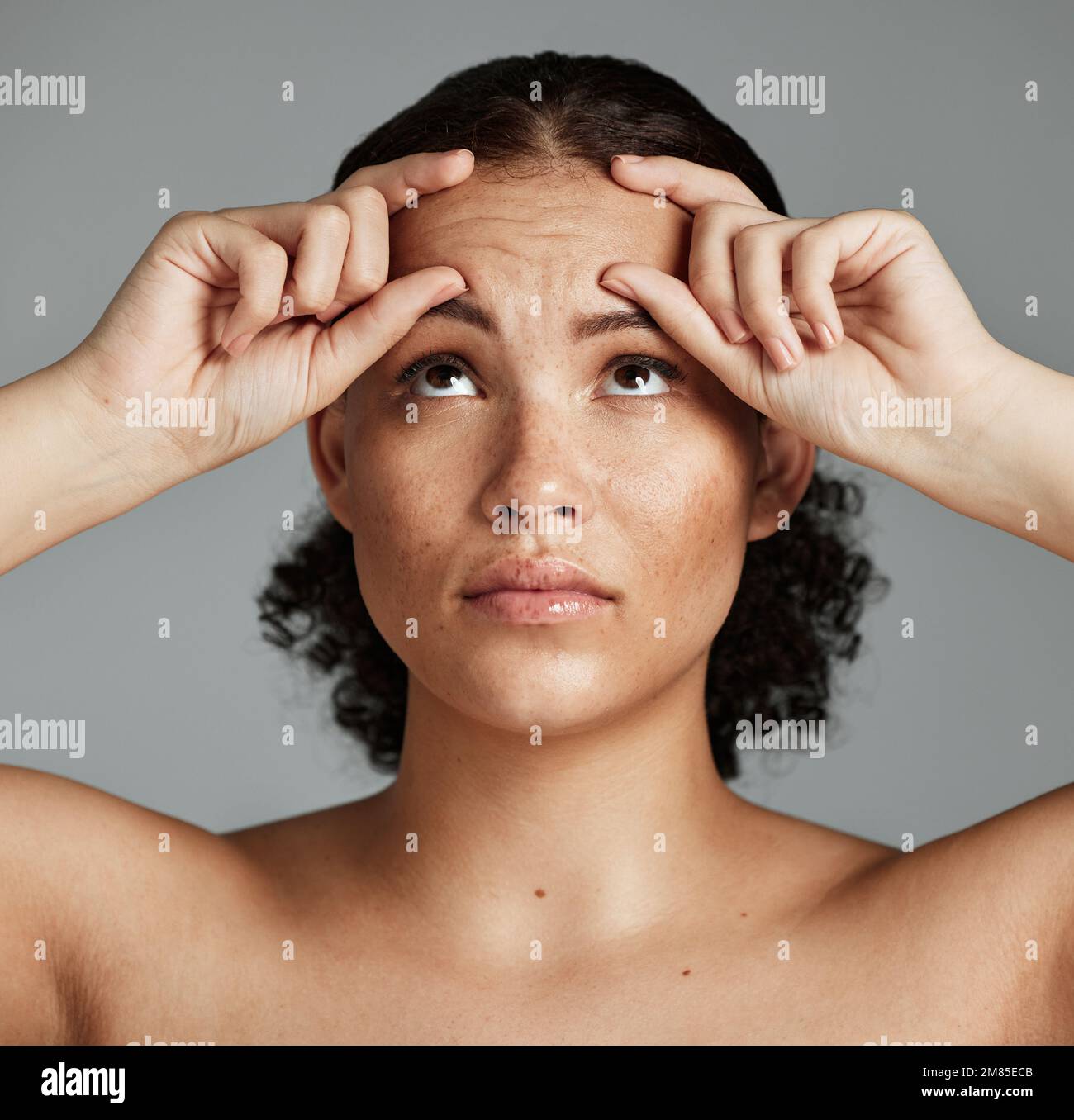 Face wrinkles, beauty health and anxiety of black woman with wellness ...