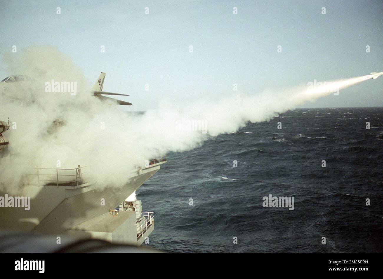 A RIM-7 Sea Sparrow missile is launched from a Mark 29 box launcher ...