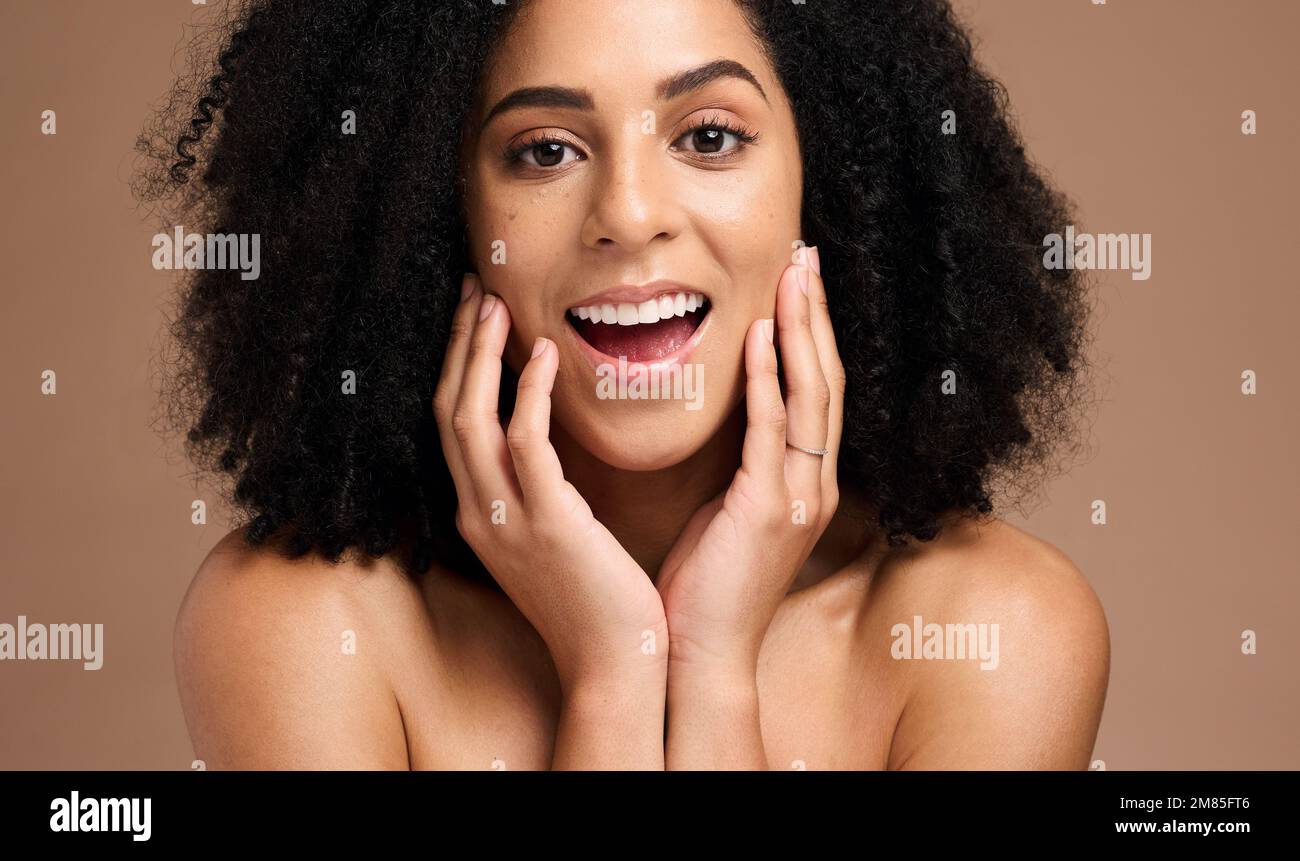 Face portrait, surprise and skincare of black woman in studio isolated ...