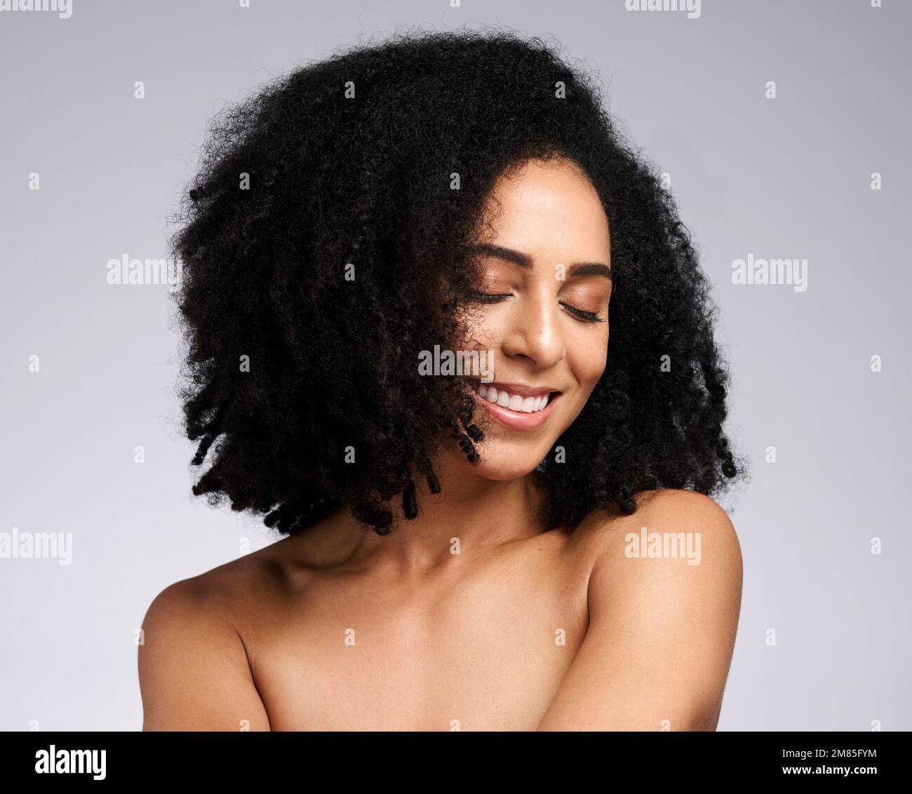 African hair, afro and face of model happy with spa salon hair care ...