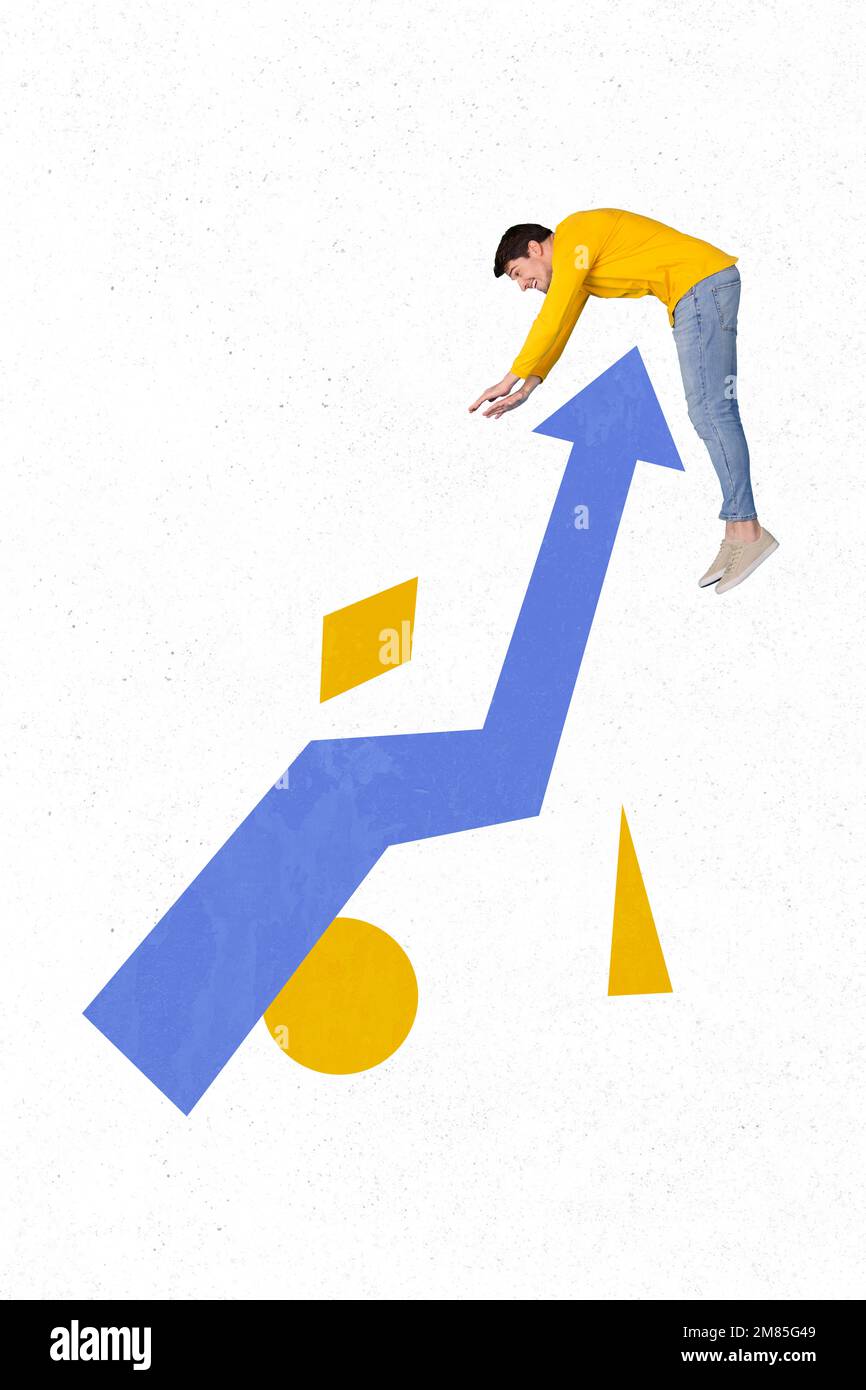 Vertical collage picture of big growing arrow upwards raise mini guy ...