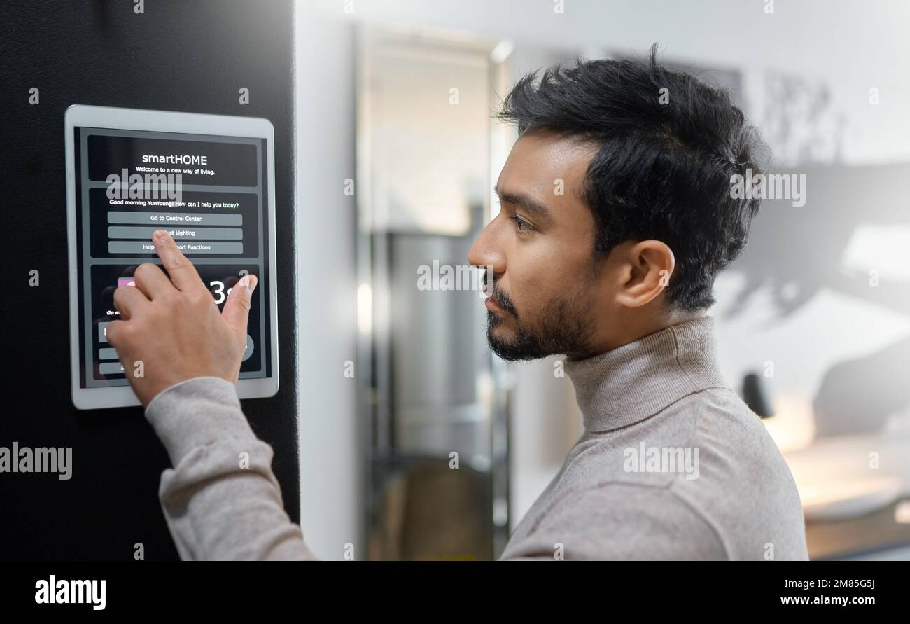 Smart home wall system, technology and man with digital screen ...