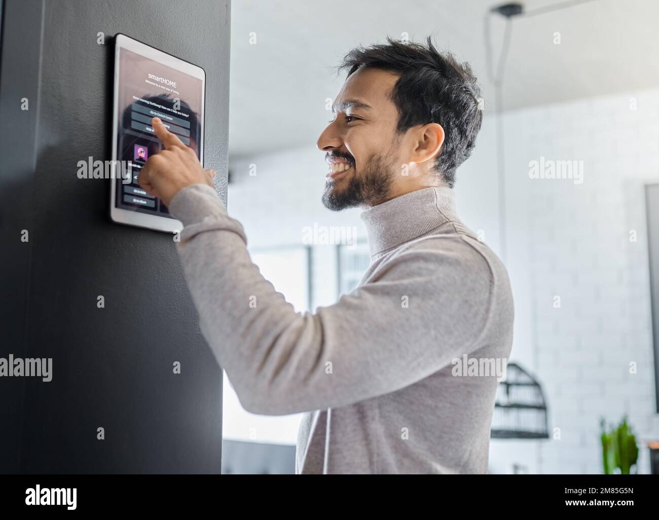 Smart home technology, wall system or man with digital dashboard screen ...