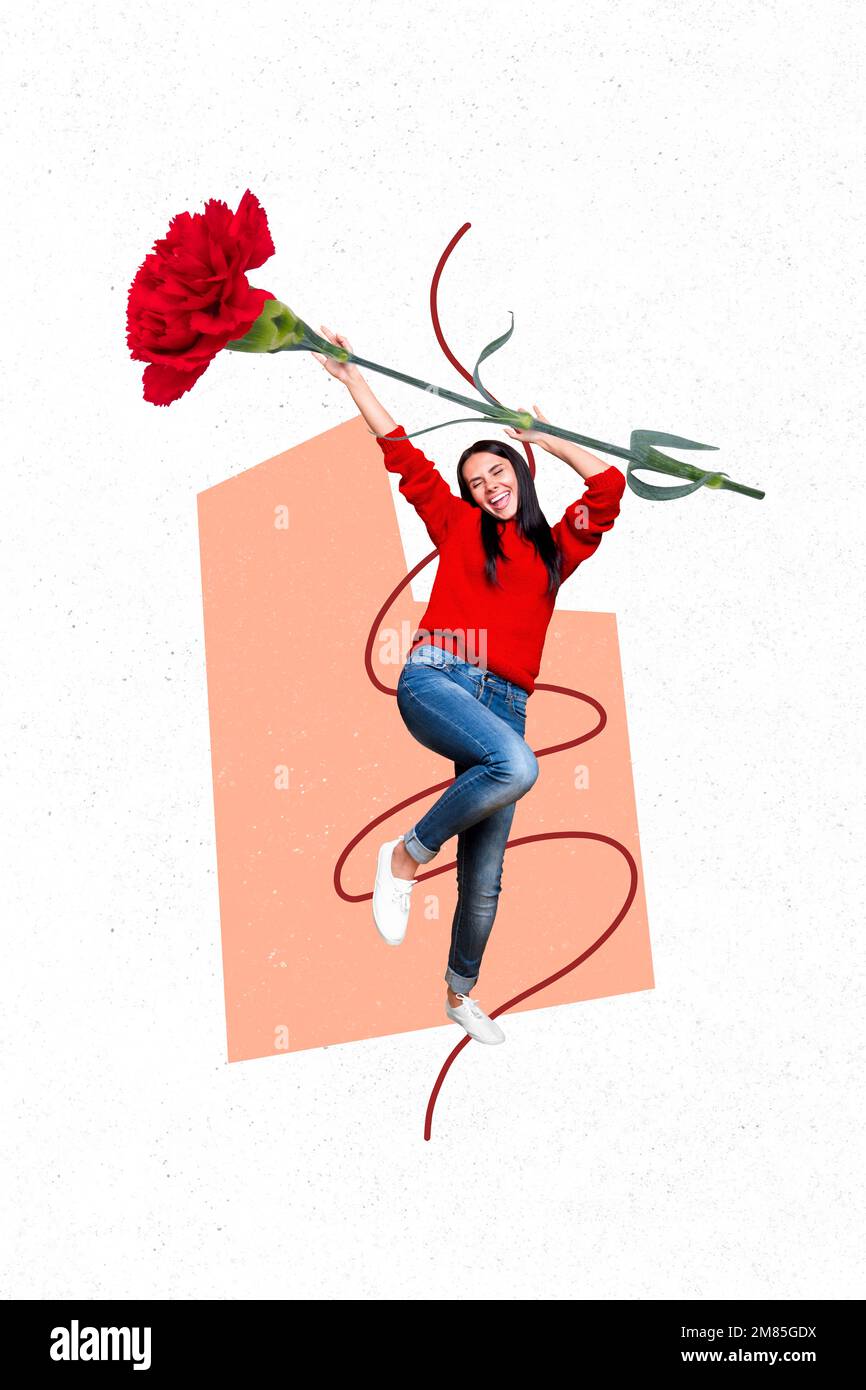 Vertical collage image of excited overjoyed girl jumping arms hold big ...