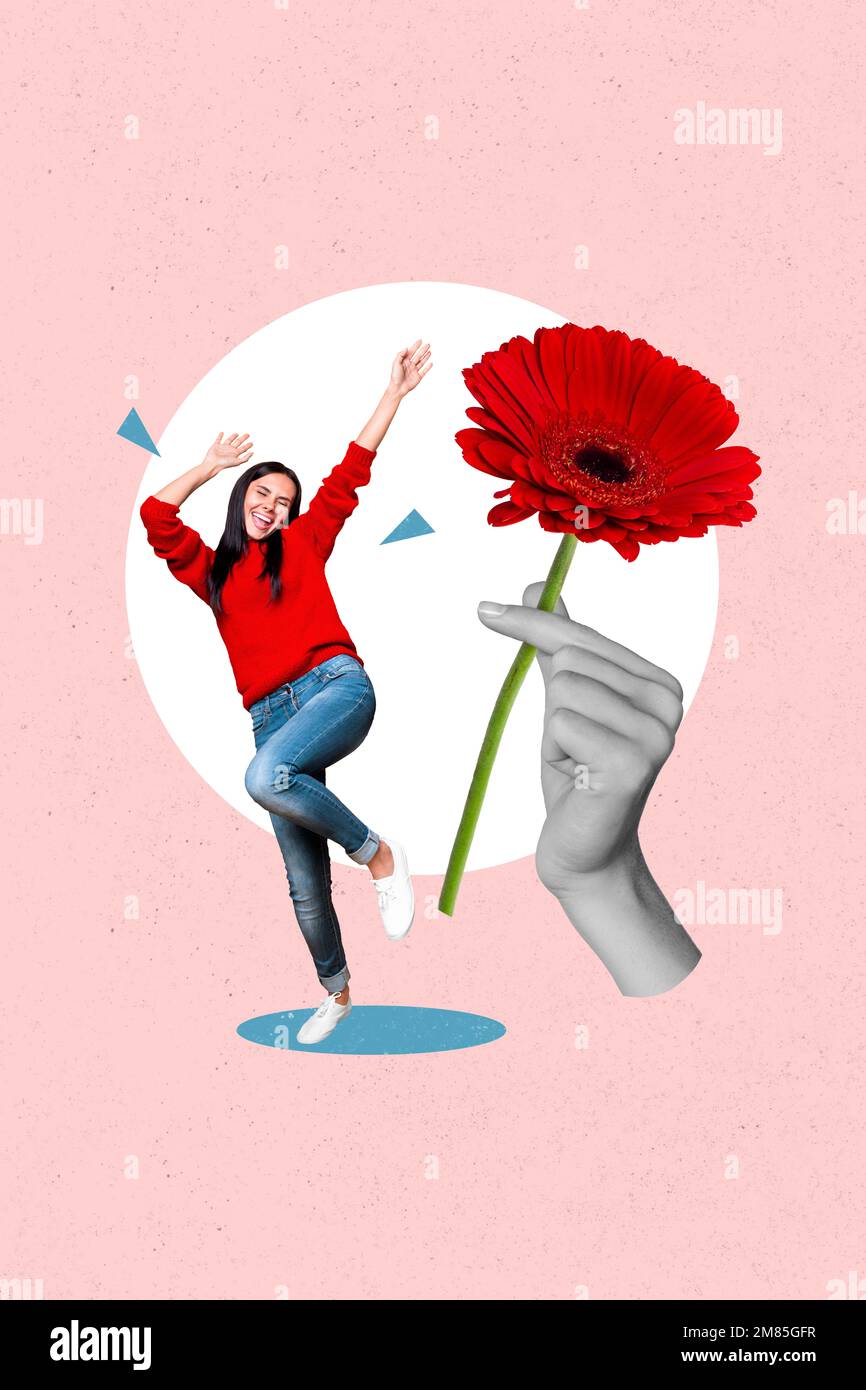 Vertical collage picture of overjoyed excited girl dancing have fun big ...